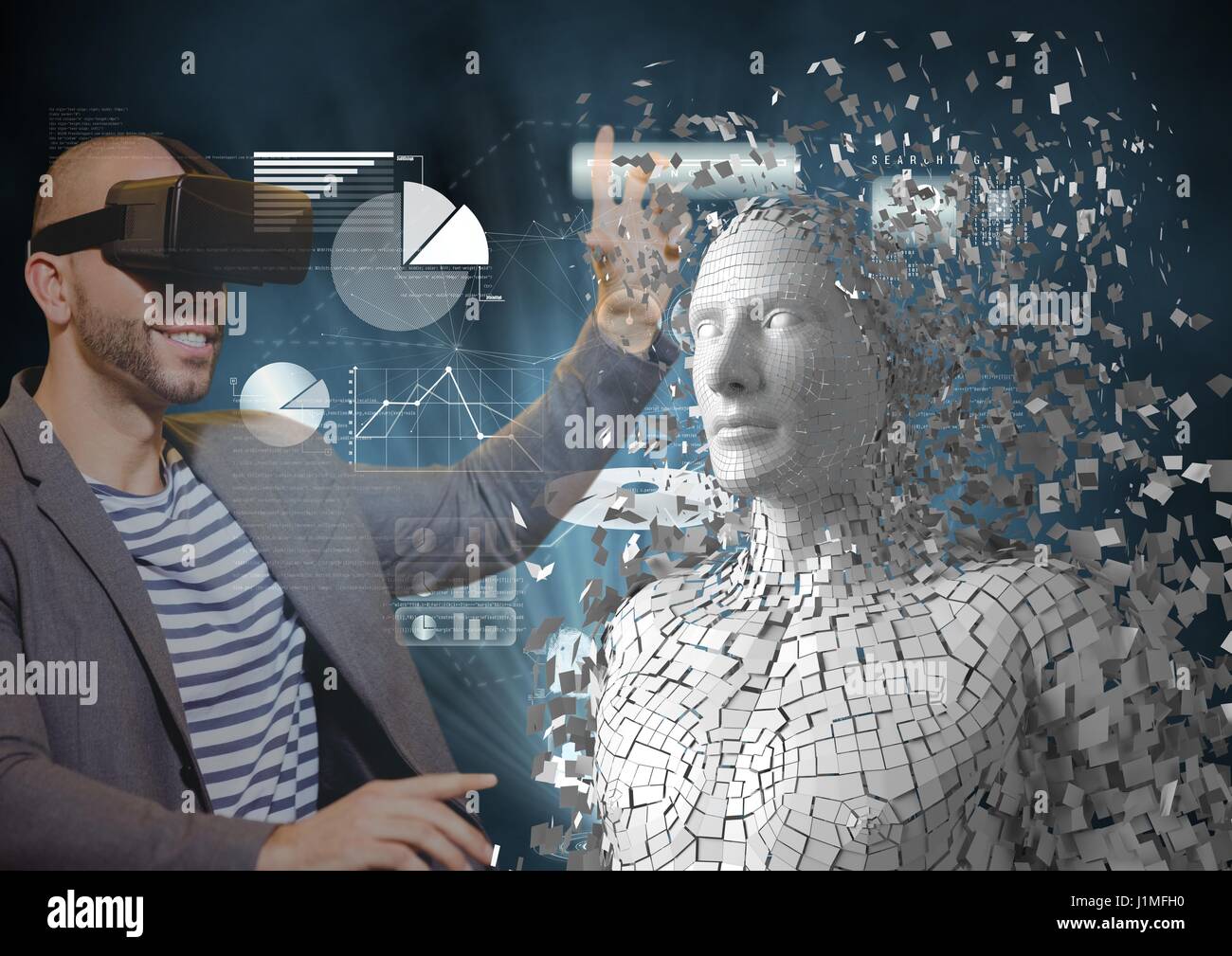 Digital composite of Smiling man touching 3d human figure while wearing ...
