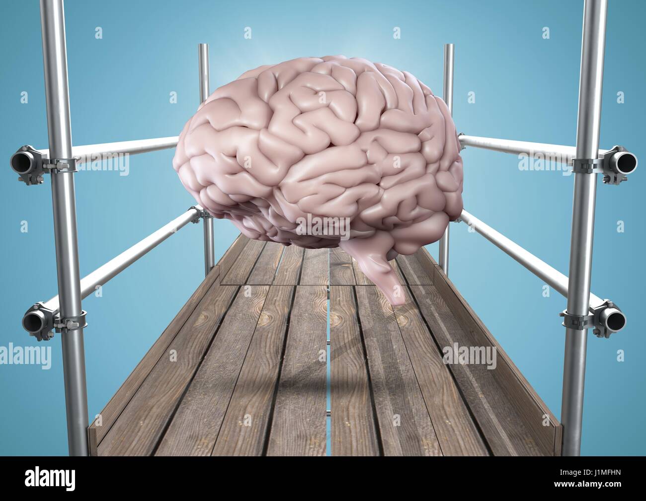 Digital composite of Brain with flare on scaffolding against blue ...