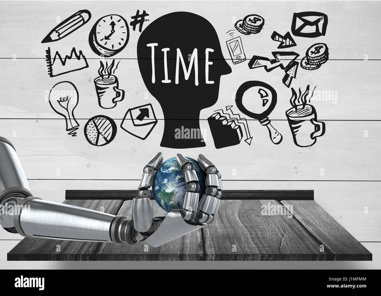 Digital composite of Android hand holding planet earth and Time text ...