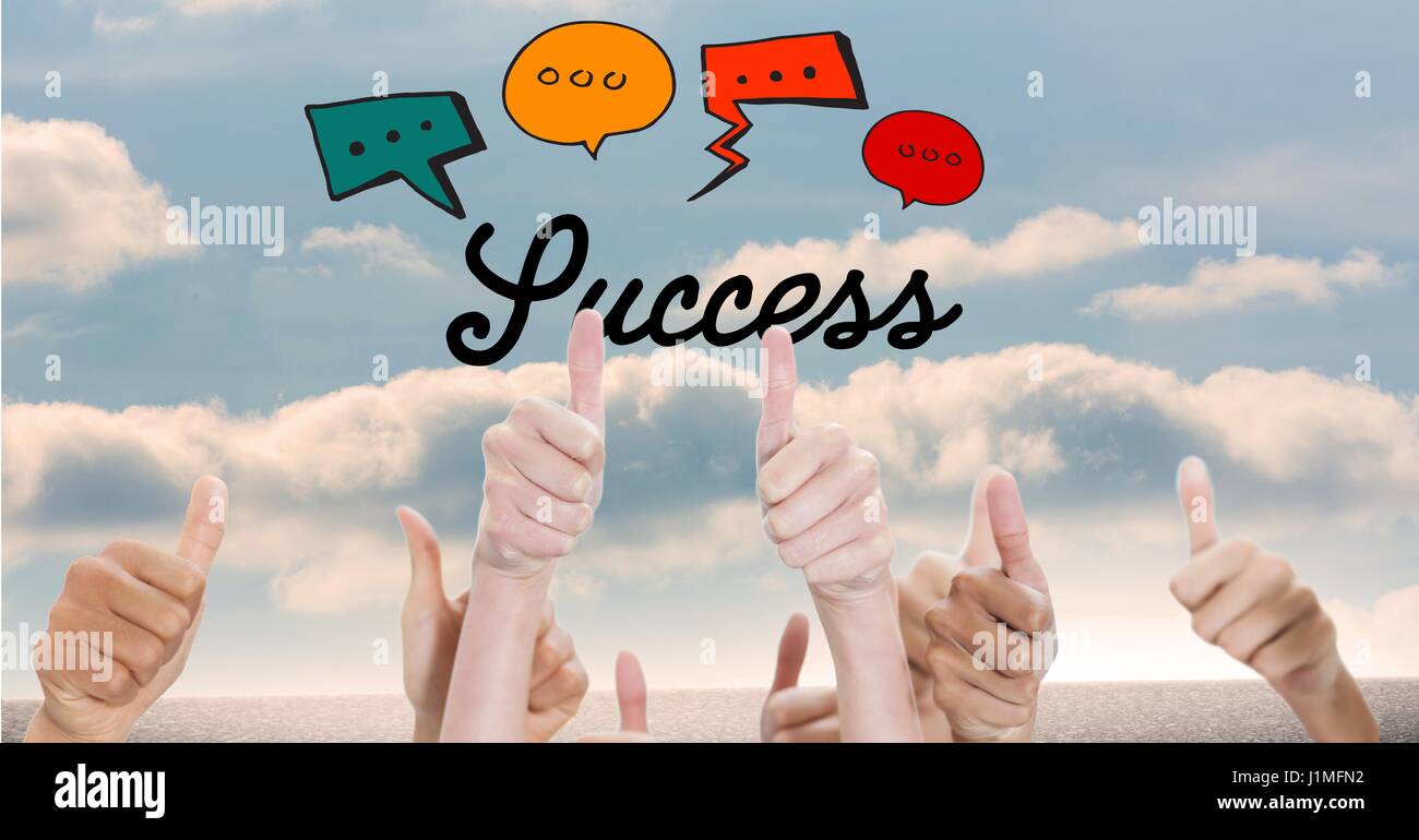 Digital composite of Success text with speech bubbles over thumbs up ...