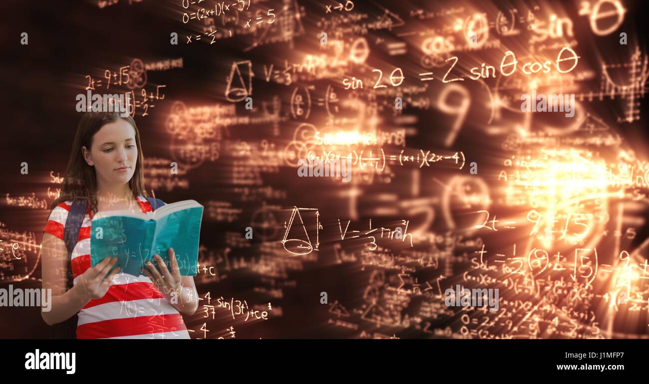 Digital composite of Female reading book over math background Stock ...
