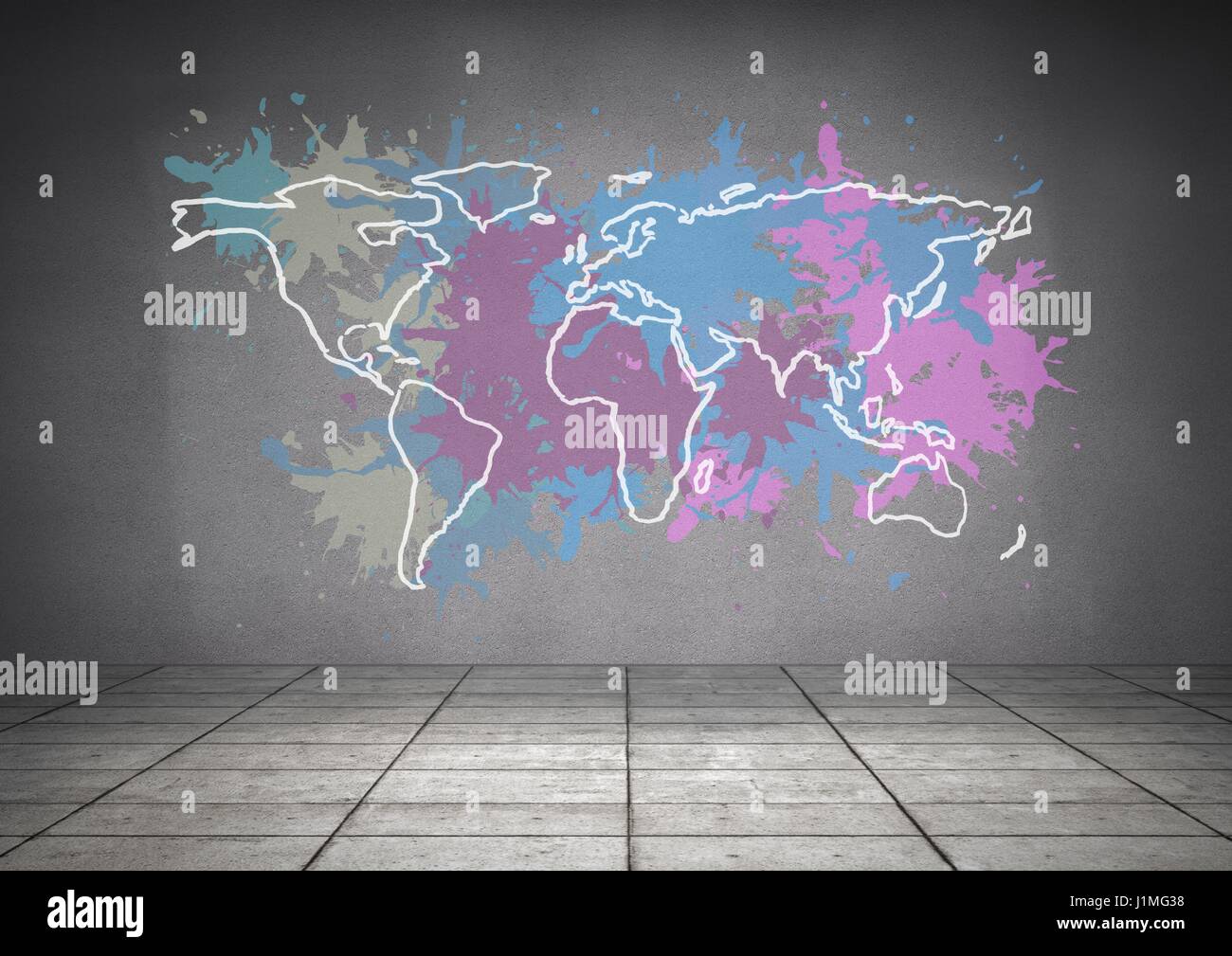 Digital composite of Colorful Map with paint splattered wall background ...