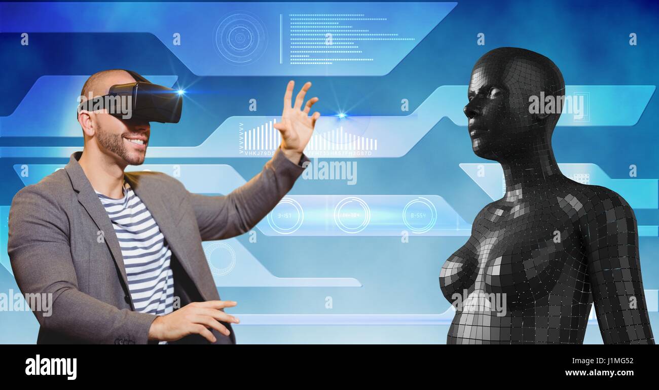 Digital composite of Happy man looking at 3d female figure through VR ...