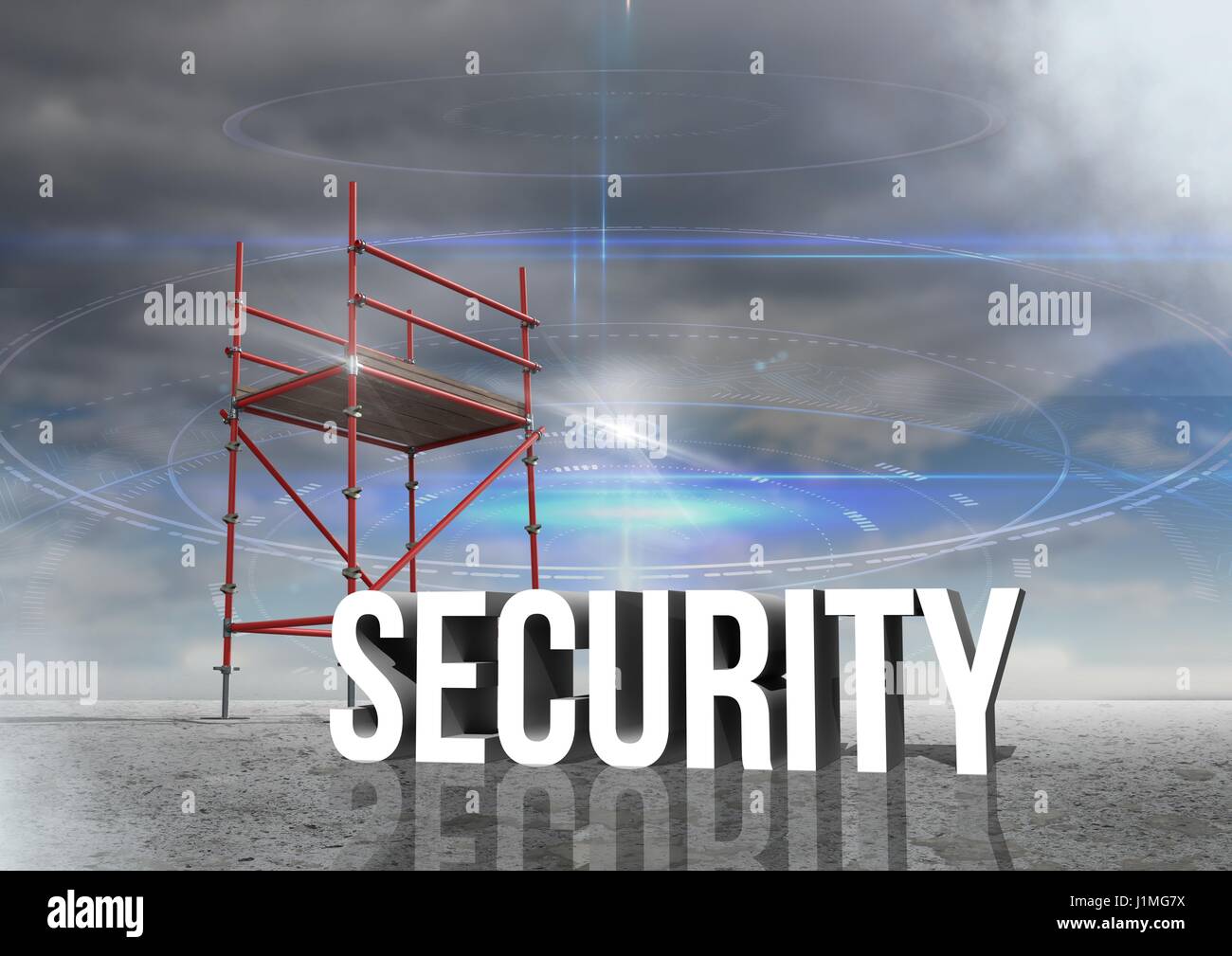 Digital composite of Security Text with 3D Scaffolding and cloudy sky ...