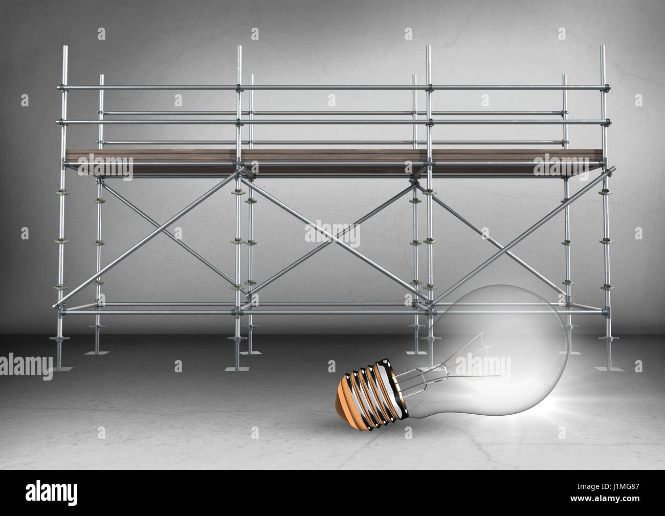 Digital composite of Lightbulb in front of scaffolding in grey room ...