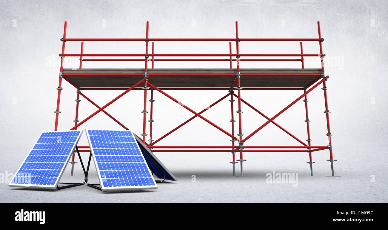 Digital composite of 3D solar panels against scaffolding in white room ...