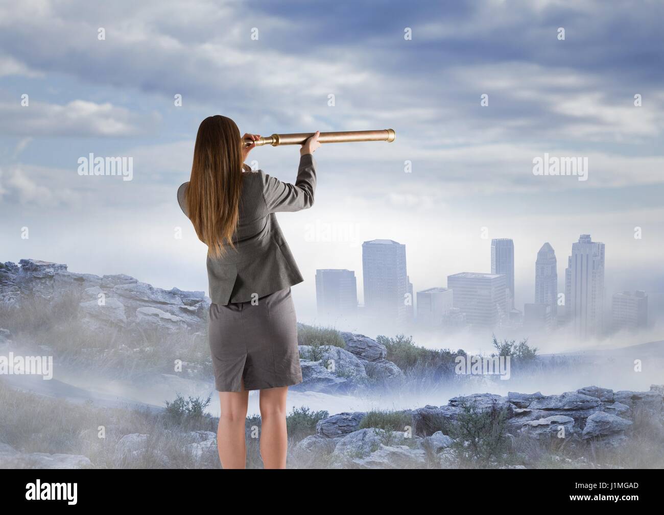 Digital composite of Business woman observing skyline with telescope ...