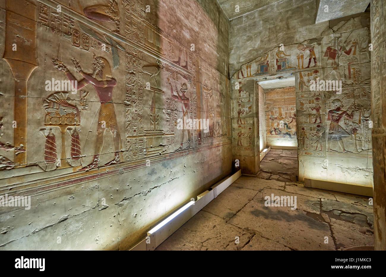 colorful stone carved reliefs in south wing inside Temple of Seti I ...