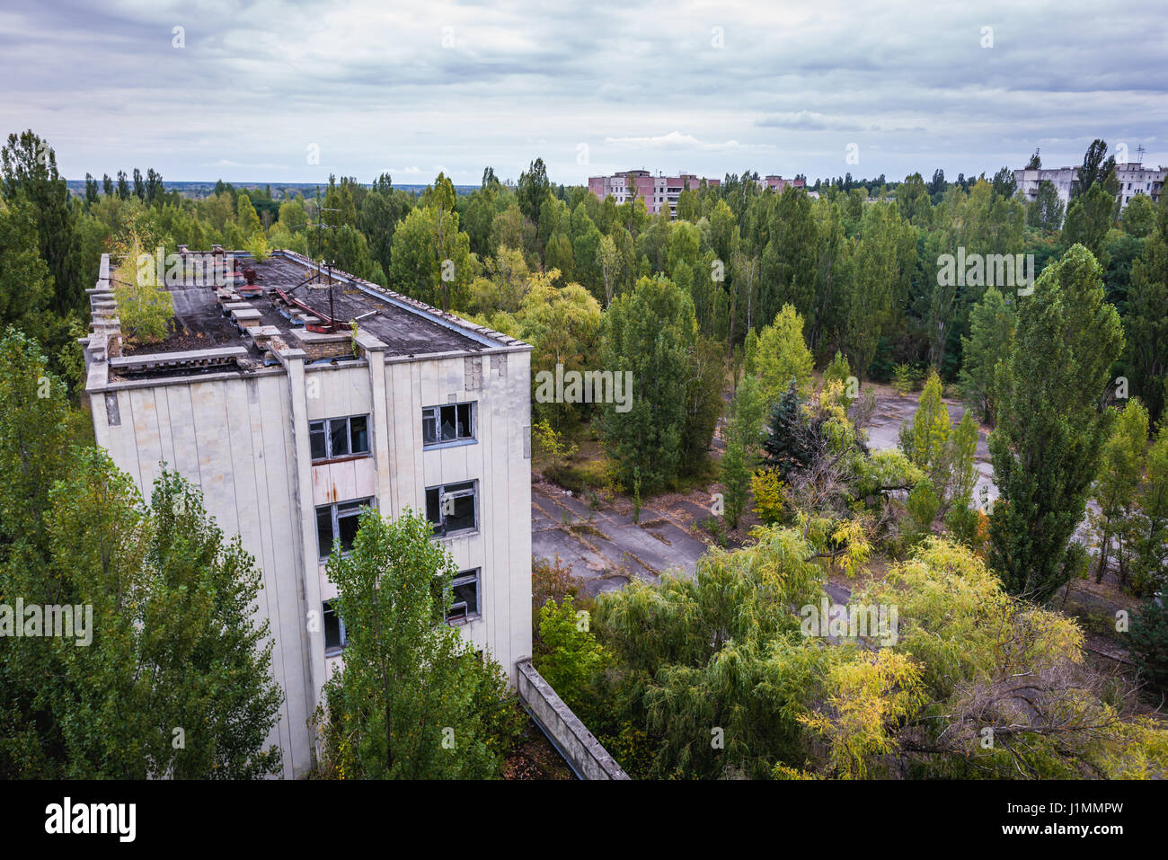Former administration building seen from Polissya Hotel in Pripyat ...