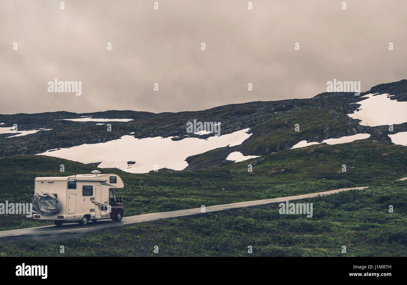 Camper Van and Rainy Weather During Spring Trip in Norway. Motorhome RV ...