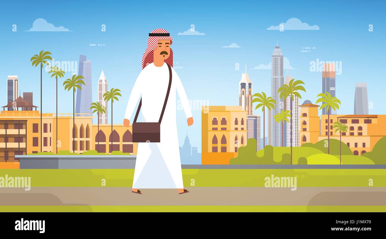 Arab Man Walking Modern City Building Cityscape Skyline Panorama ...
