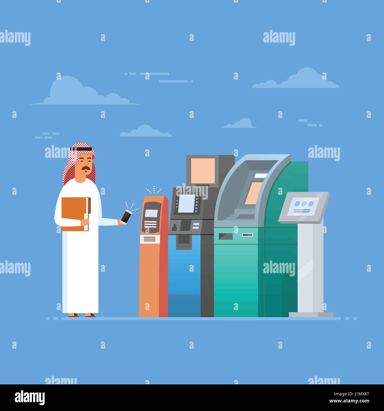 Arab Man Using Atm Machine Cell Smart Phone Mobile Payment, Islam ...