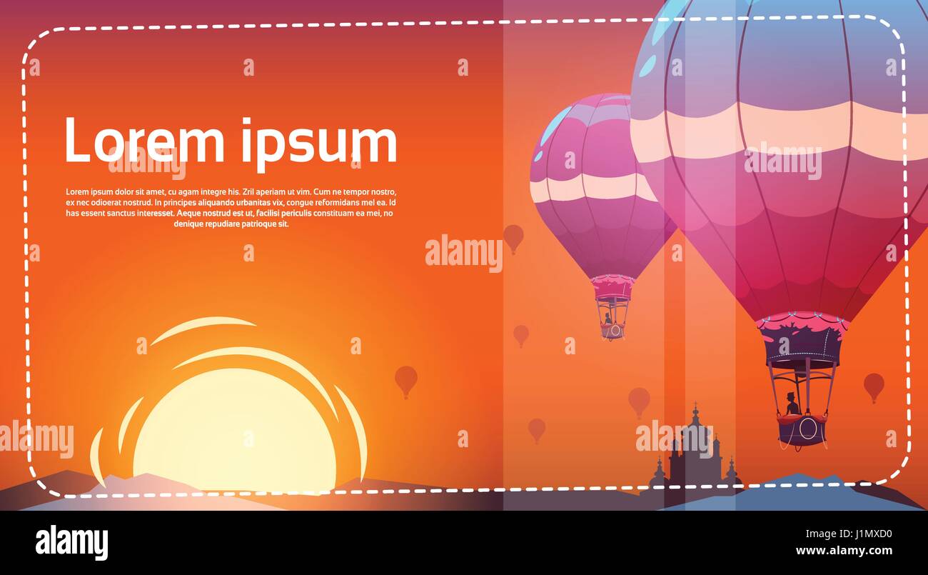 Colorful Air Balloons Flying In Sky Over Sunset Sea Landscape Stock ...