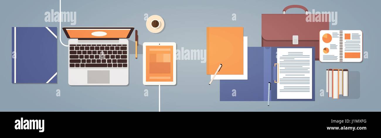 Workplace Desk Top Angle View Laptop And Tablet Computer Stock Vector ...