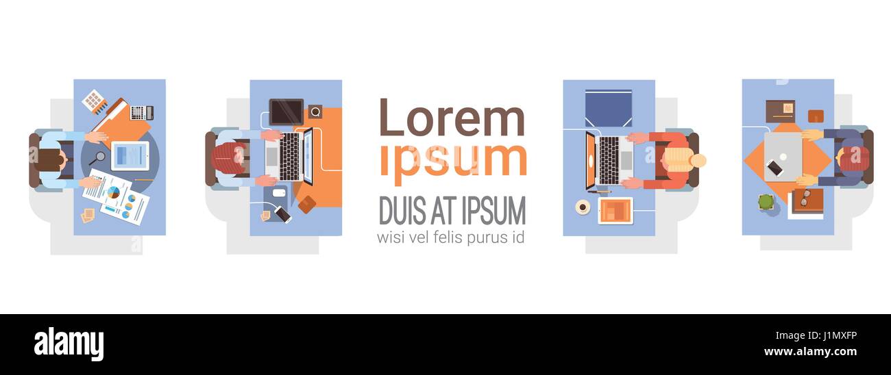 People Using Computers Businesspeople Workplace Desk Top Angle View ...