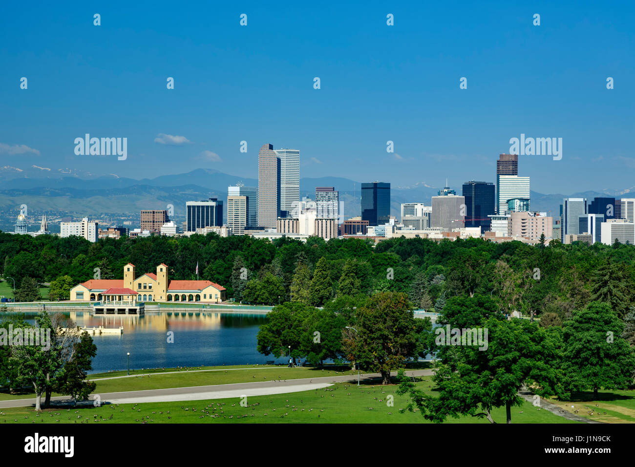 Ferril Lake, Boathouse and Denver Skyline, Denver, Colorado USA Stock ...