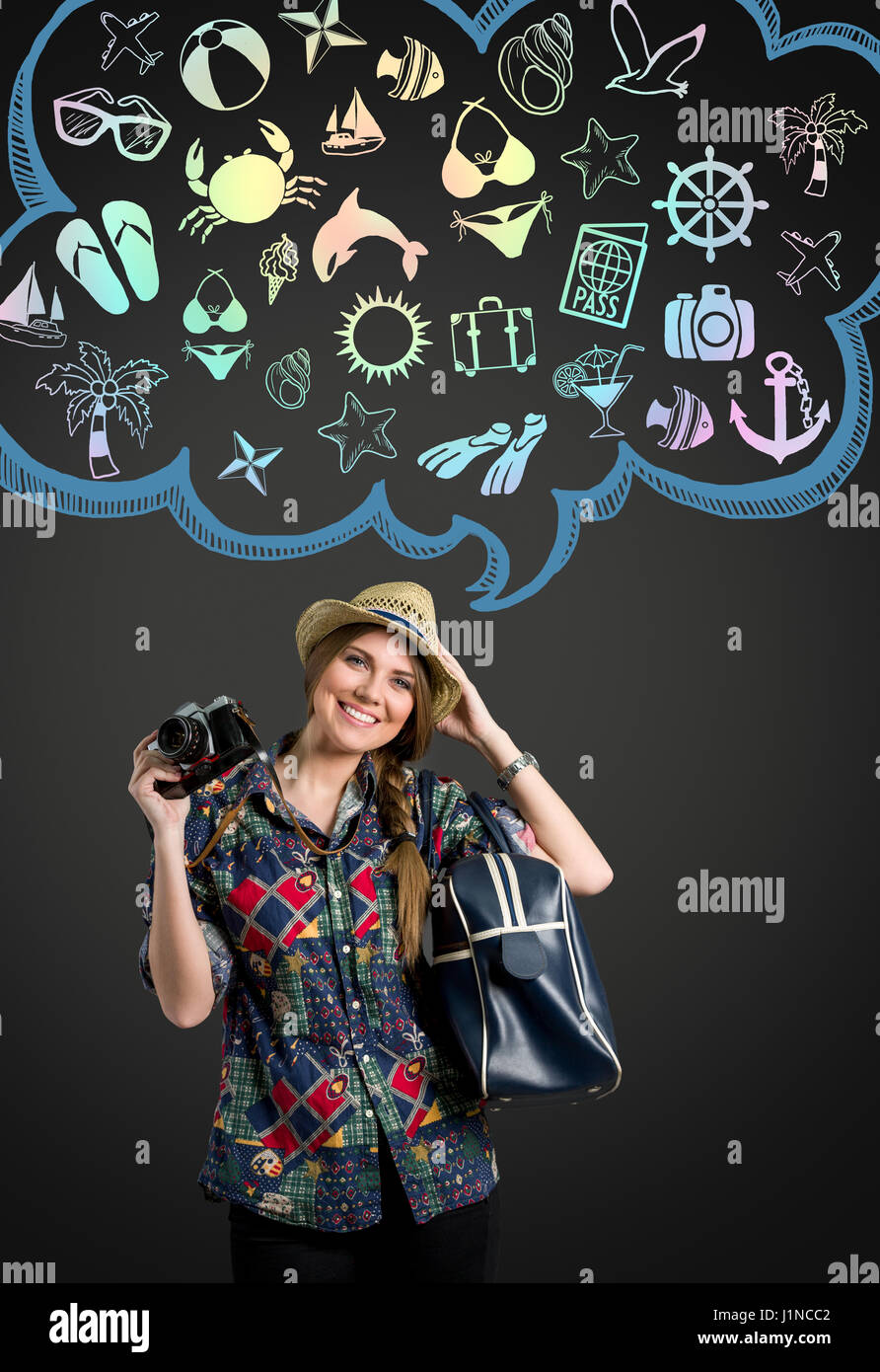 Young woman with photo camera thinking on vacation, illustrated cloud ...