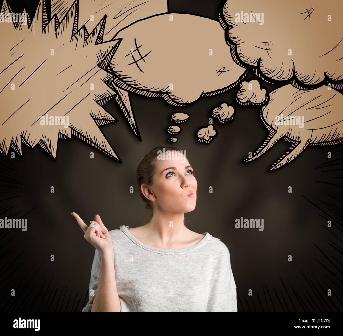 Thoughtful woman with different illustrated think clouds over her head ...