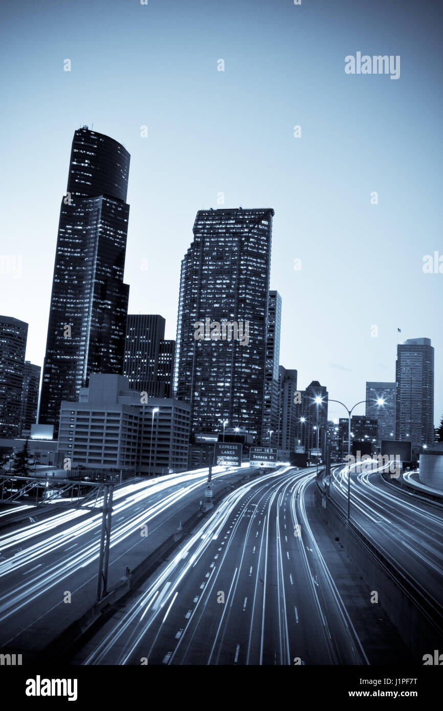 A time exposure shot of rush hour traffic in downtown Seattle Stock ...