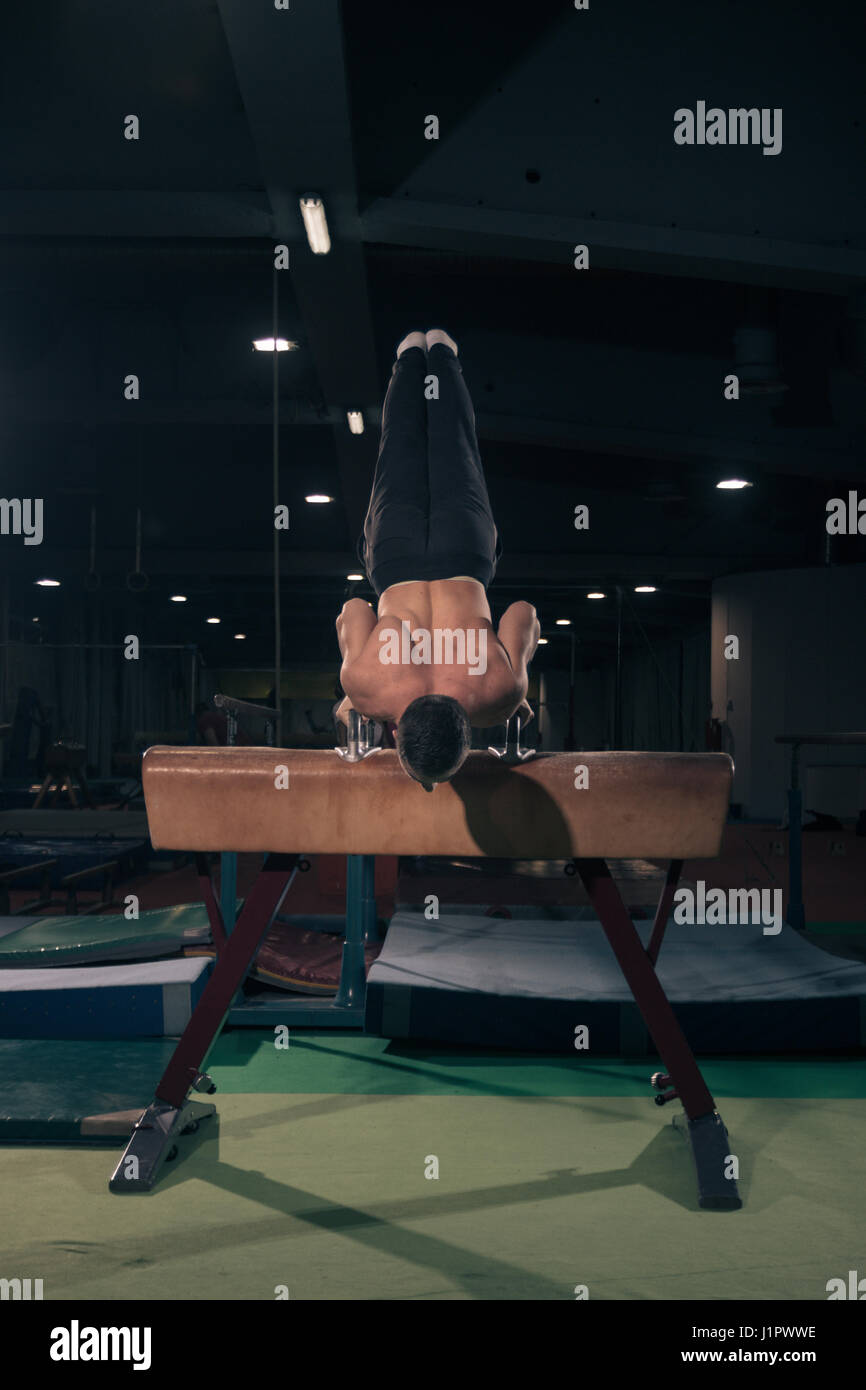young adult man gymnast, pommel horse hands holding Stock Photo - Alamy