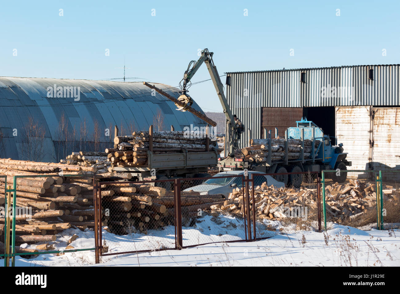 Loader loads logs into a timber truck in the warehouse Stock Photo - Alamy