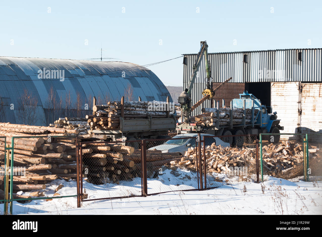 loader loads the logs into a truck timber in stock Stock Photo - Alamy