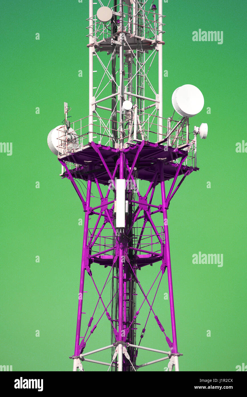 Cell tower with antenna in red and purple Stock Photo - Alamy