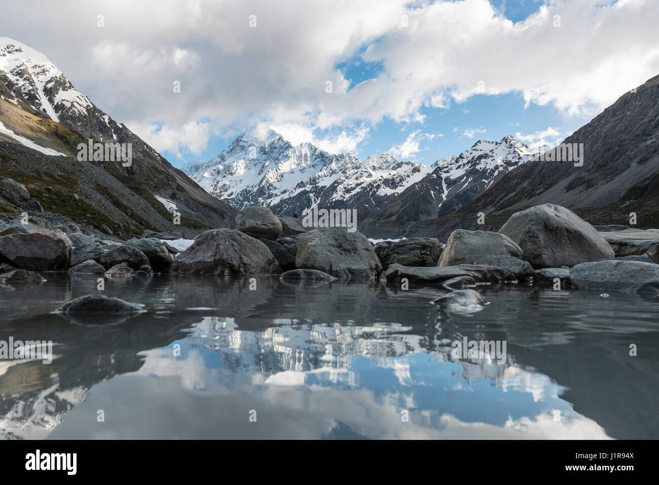 Reflection on the shore of Hooker Lake, at back Mount Cook, Hooker ...