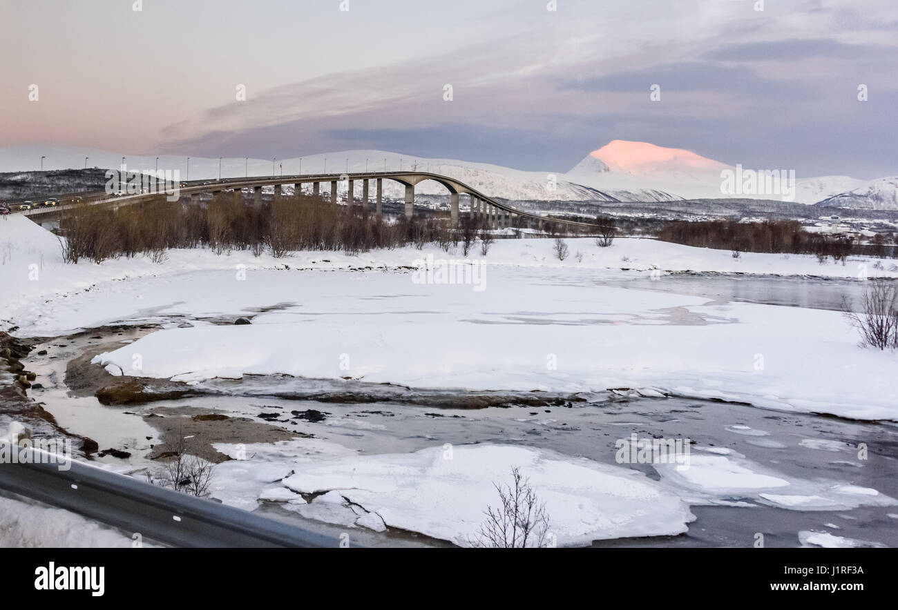 Bridge over frozen river or lake in Tromso, Norway Stock Photo - Alamy