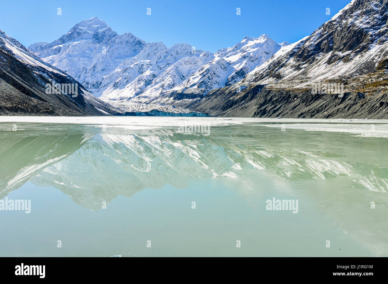 The reflection of Mount Cook in the Aoraki/Mount Cook National Park ...