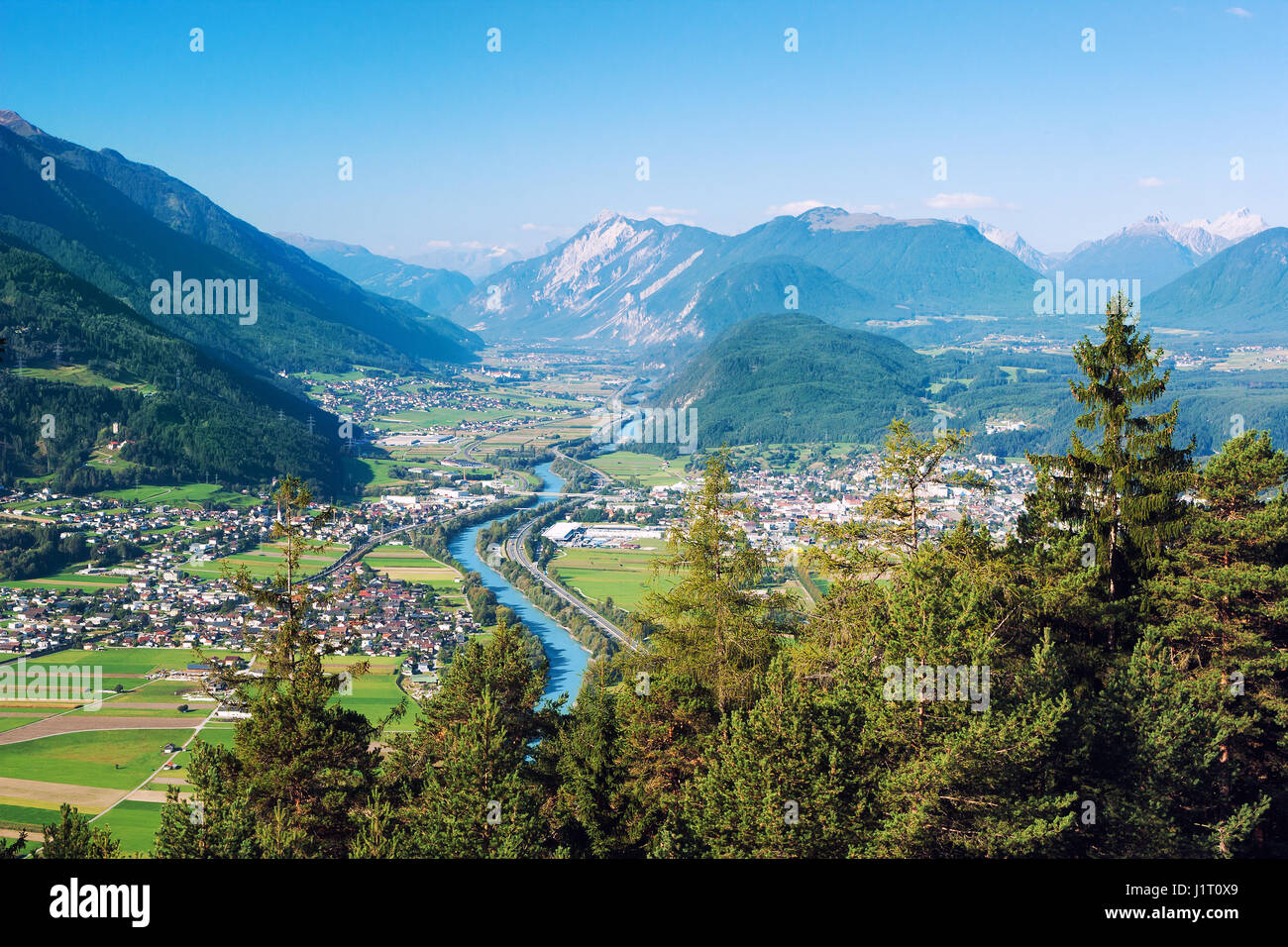 Panoramic bird's eye view of the cities Rietz, Telfs, Pfaffenhofen and ...