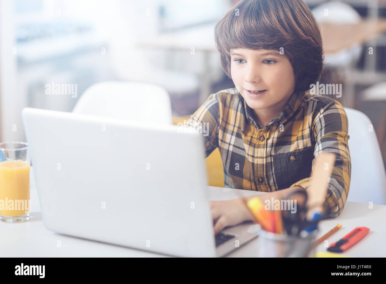 Enthusiastic boy using laptop at home Stock Photo - Alamy