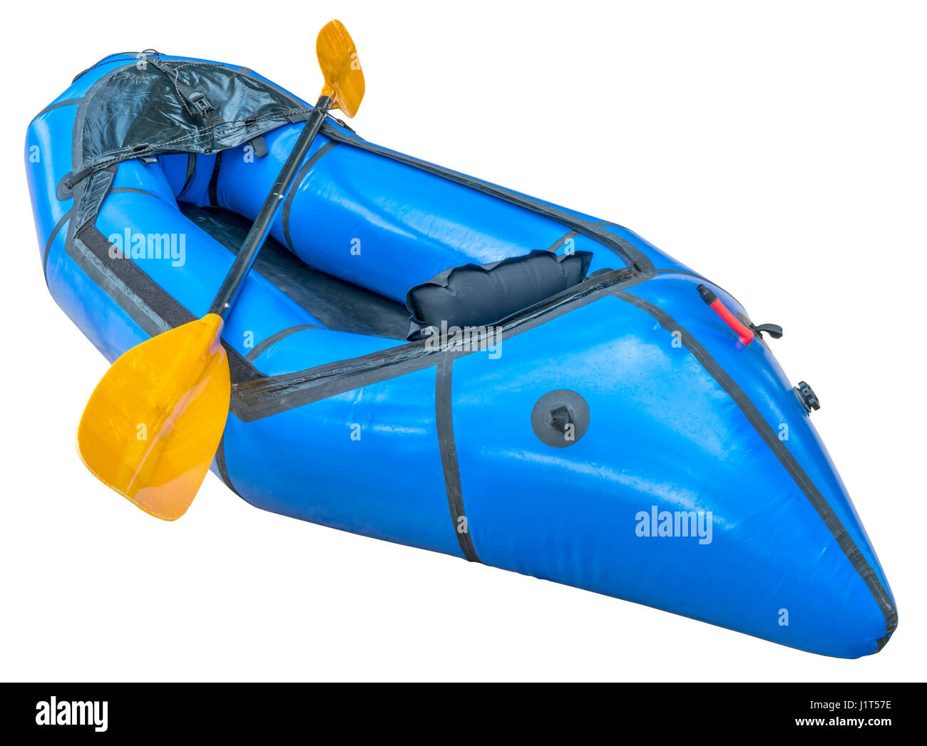 a blue packraft (one-person light raft used for expedition or adventure ...