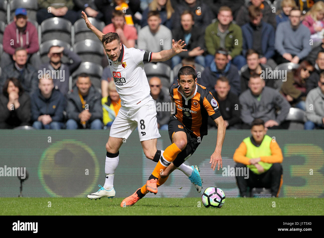 Watford's Tom Cleverley (left) and Hull City's Evandro Goebel (right ...