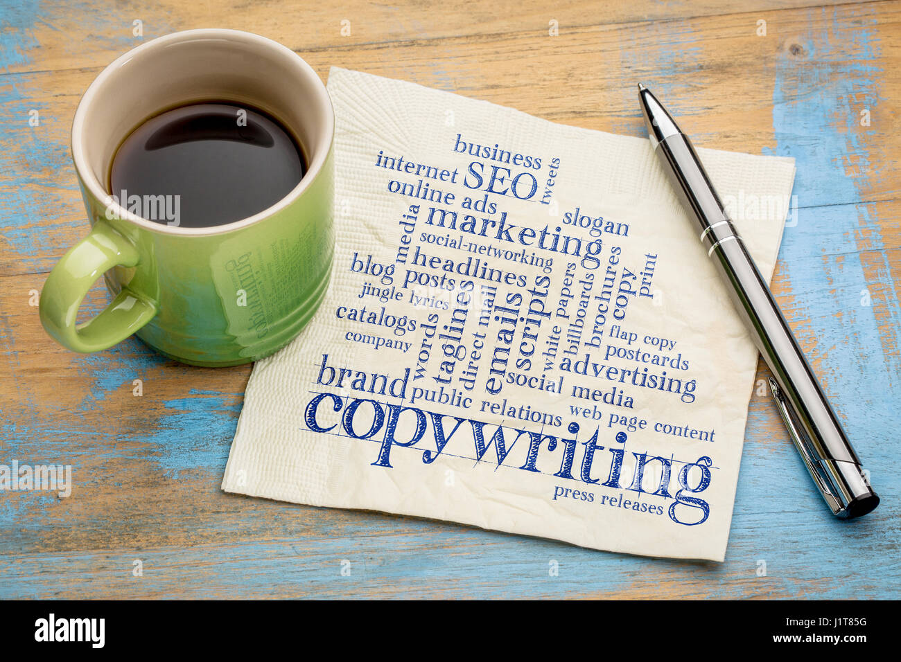 copywriting word cloud - handwriting on a napkin with a cup of coffee ...