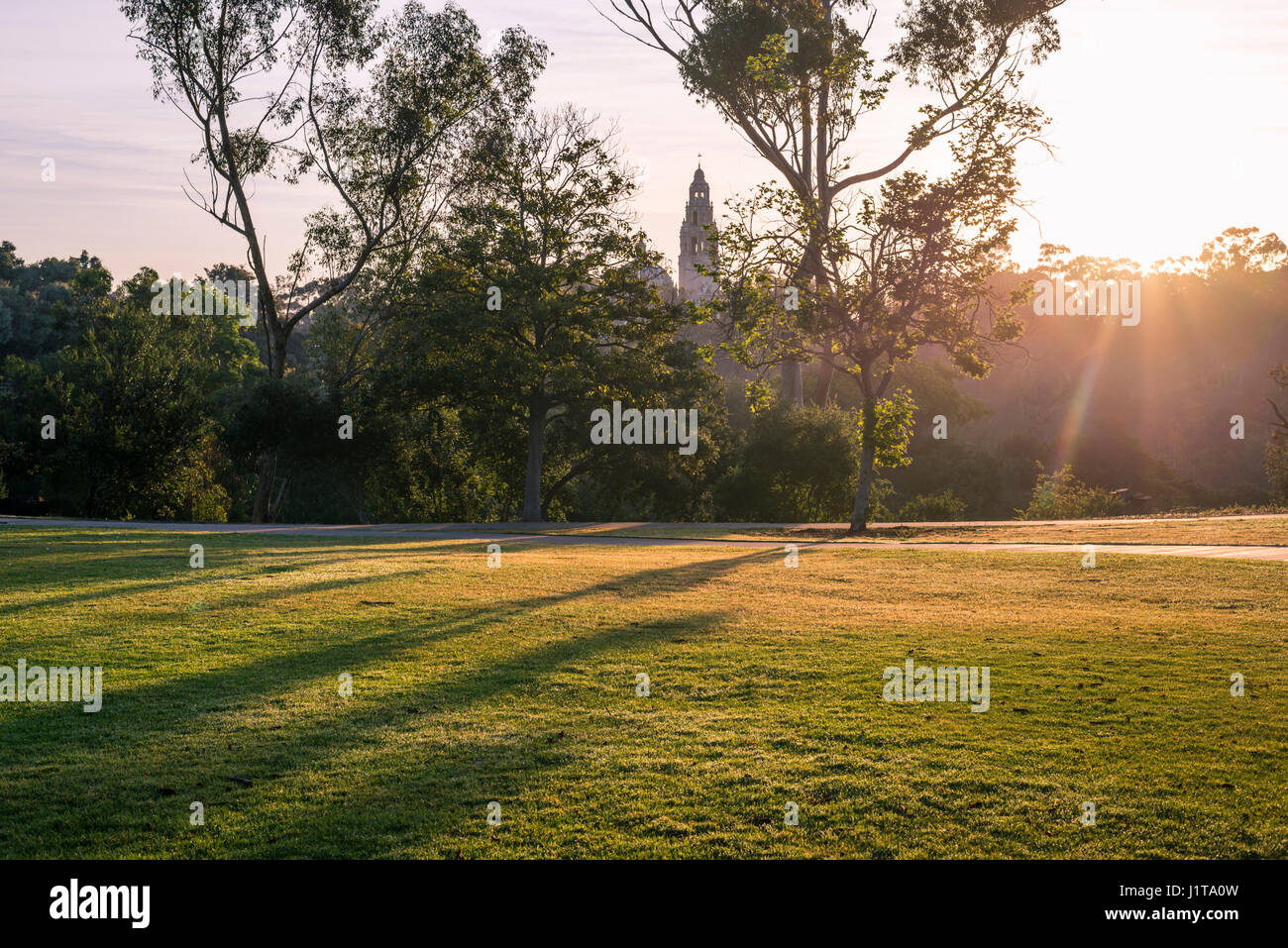 Sunrise in a park setting. Balboa Park, San Diego, California, USA ...