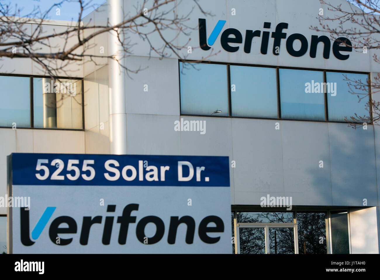 A logo sign outside of a facility occupied by Verifone in Mississauga ...