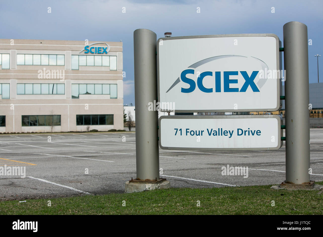A logo sign outside of a facility occupied by SCIEX in Vaughan, Ontario ...
