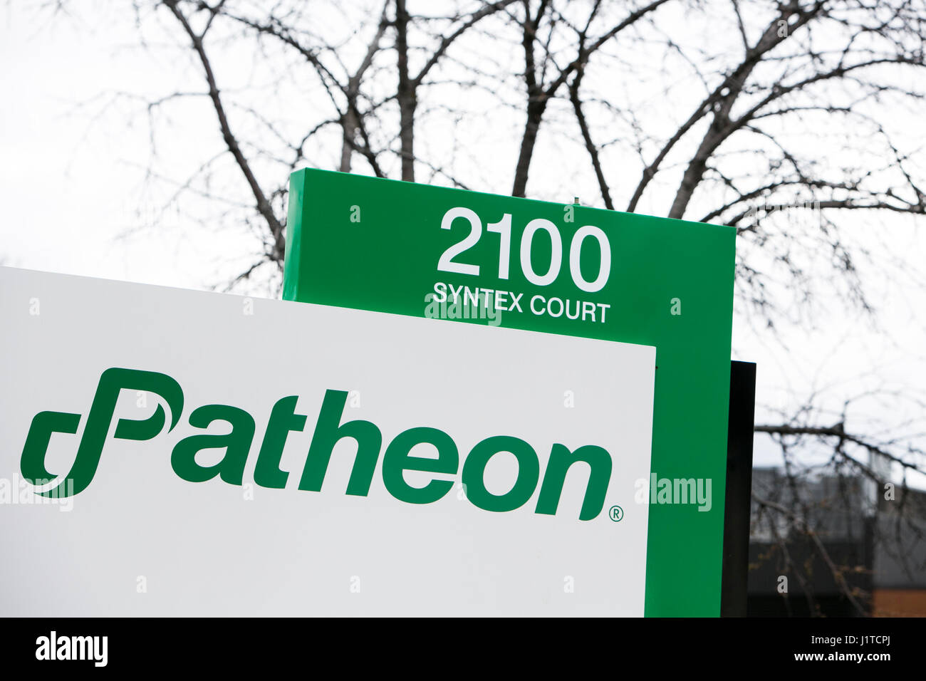 A logo sign outside of a facility occupied by Patheon, Inc., in ...