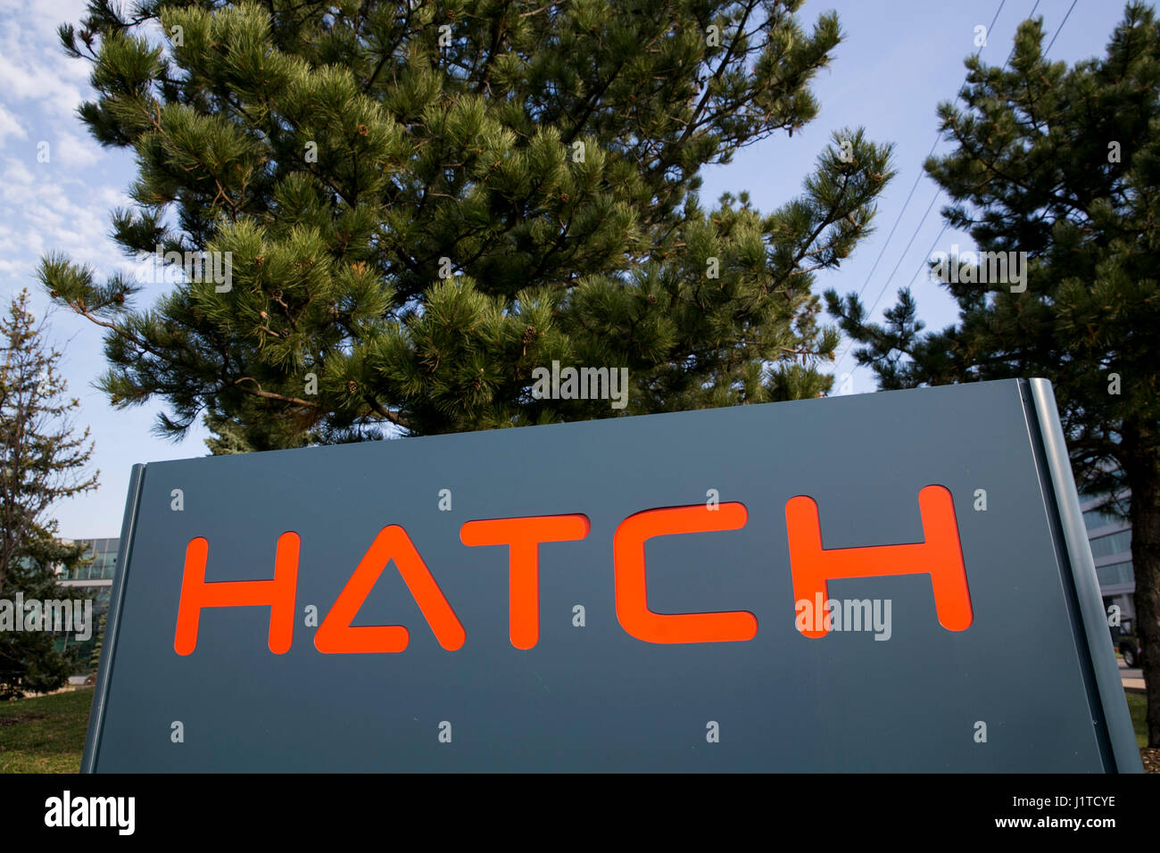 A logo sign outside of the headquarters of Hatch in Mississauga ...