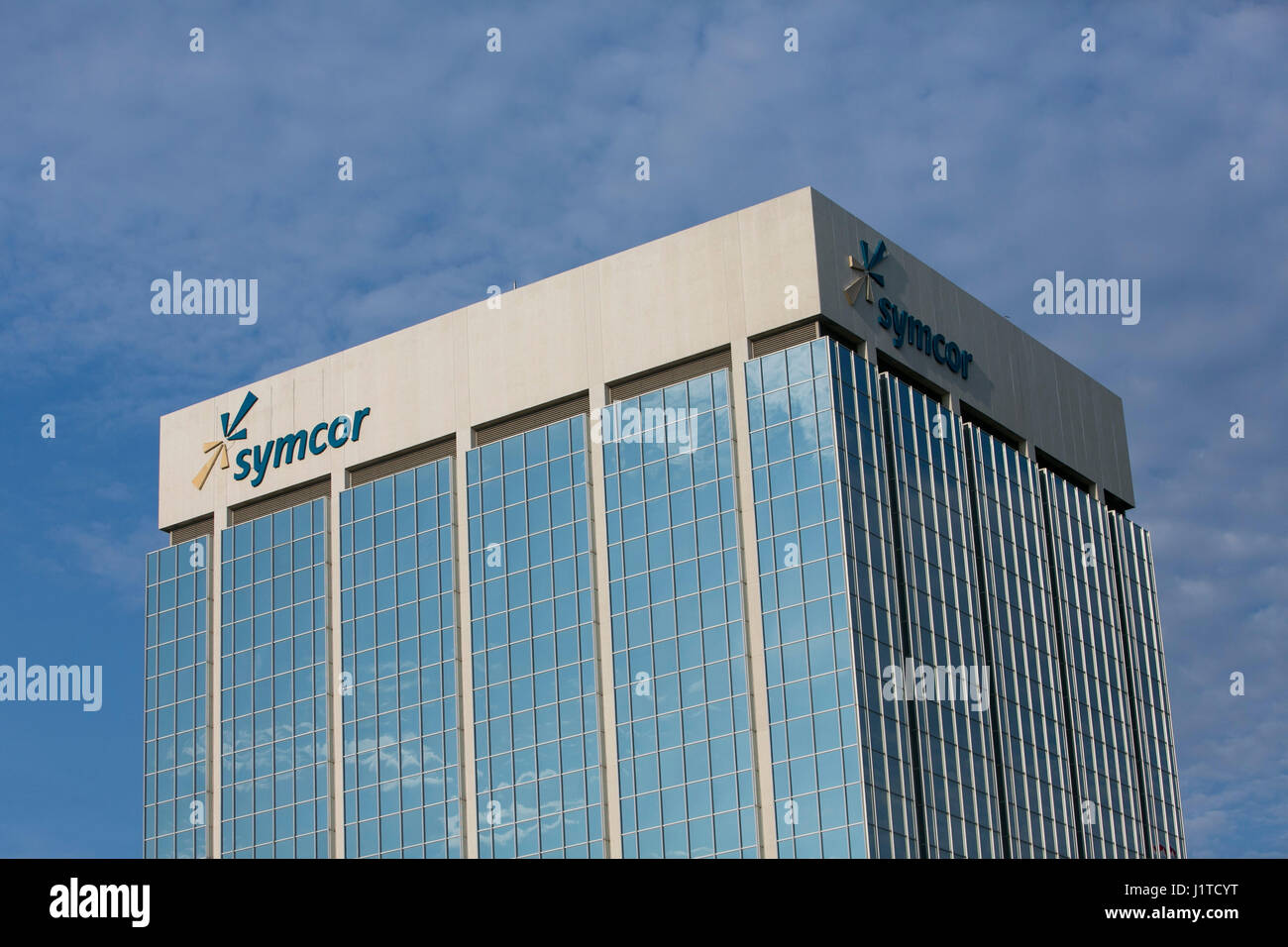 A logo sign outside of the headquarters of Symcor in Mississauga ...