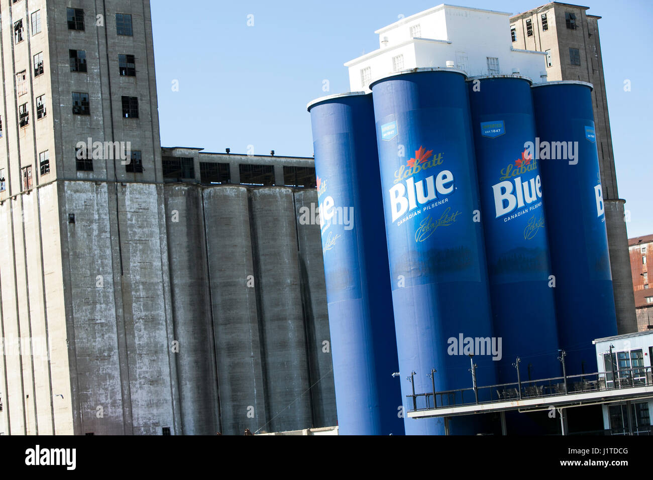 A Labatt Blue beer logo sign in Buffalo, New York on April 17, 2017 ...
