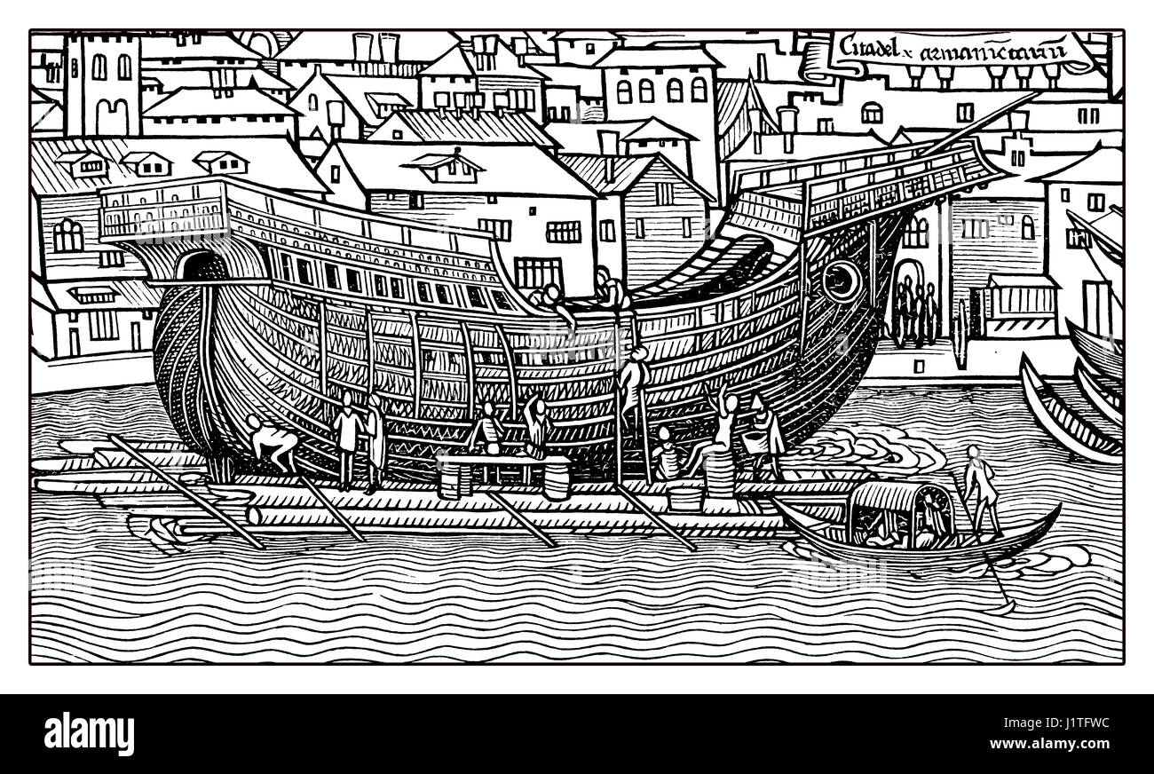 Medieval engraving: contruction of a ship in a floating dock on the ...
