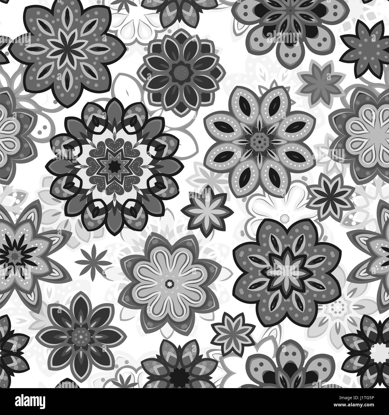 Seamless flower retro pattern in vector. Gray flowers on white ...