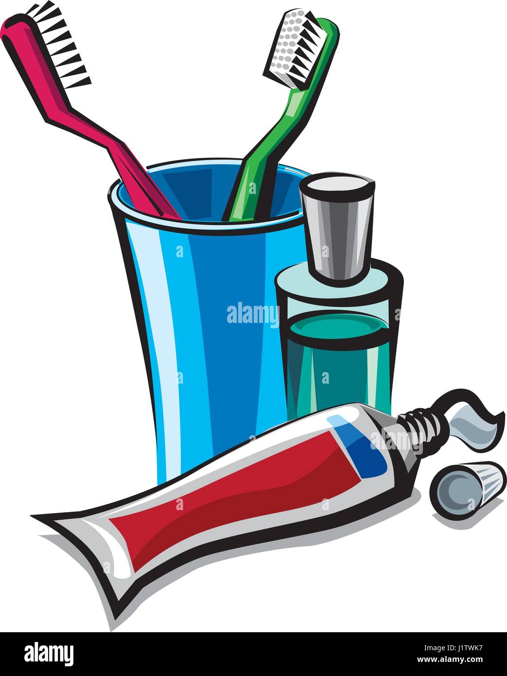 illustration of toothpaste tube with toothbrushes and mouthwash liquid ...
