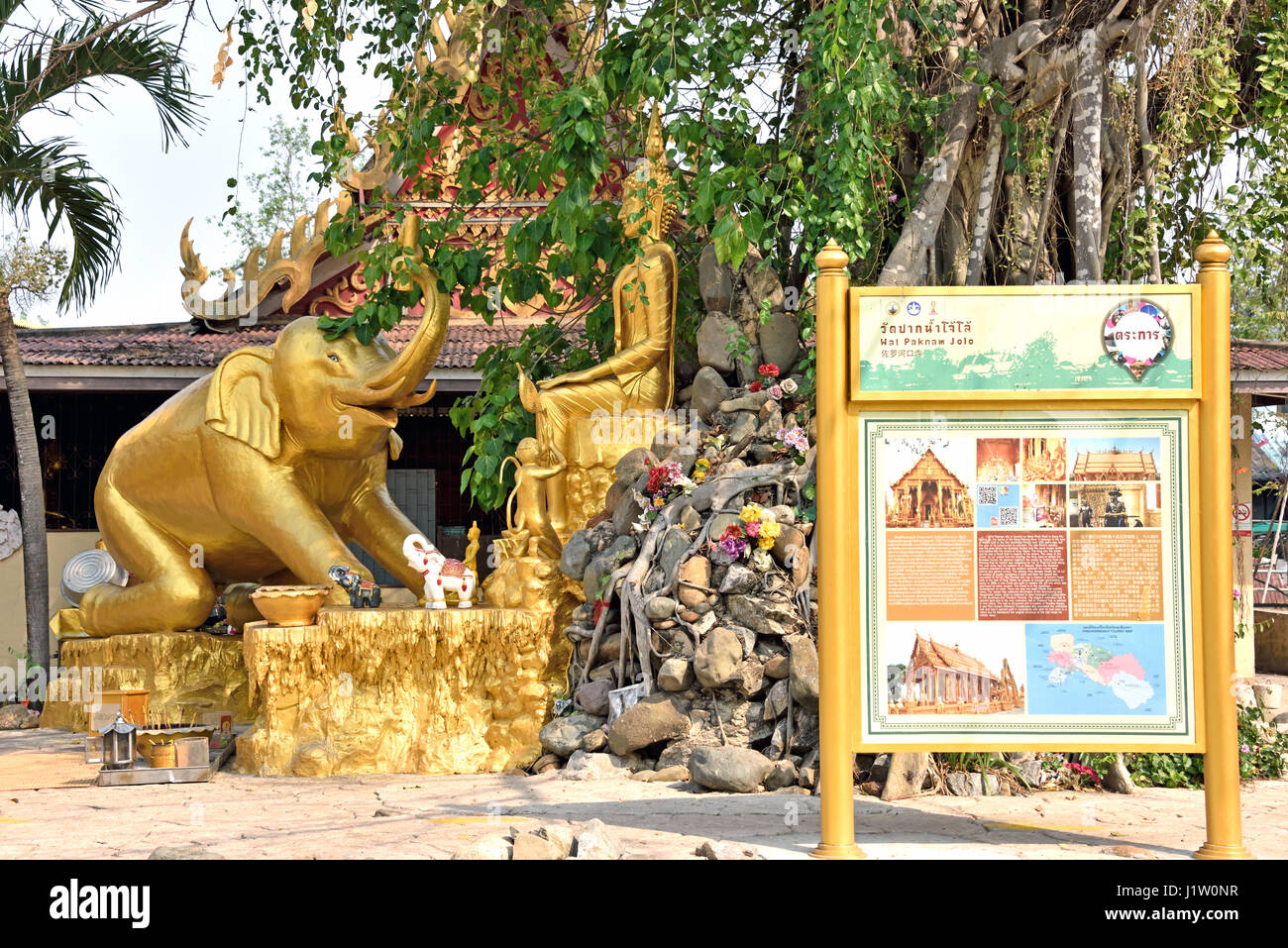 A golden elephant in worship to Buddha in the grounds of Wat Paknam ...