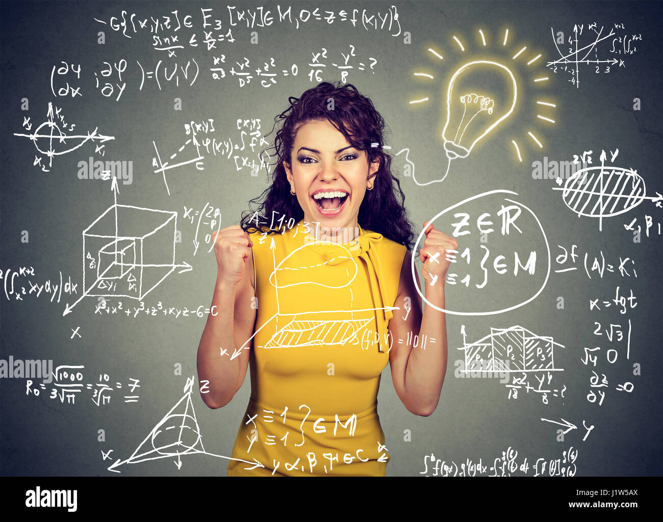 smart excited woman student with bright idea light bulb and high school ...