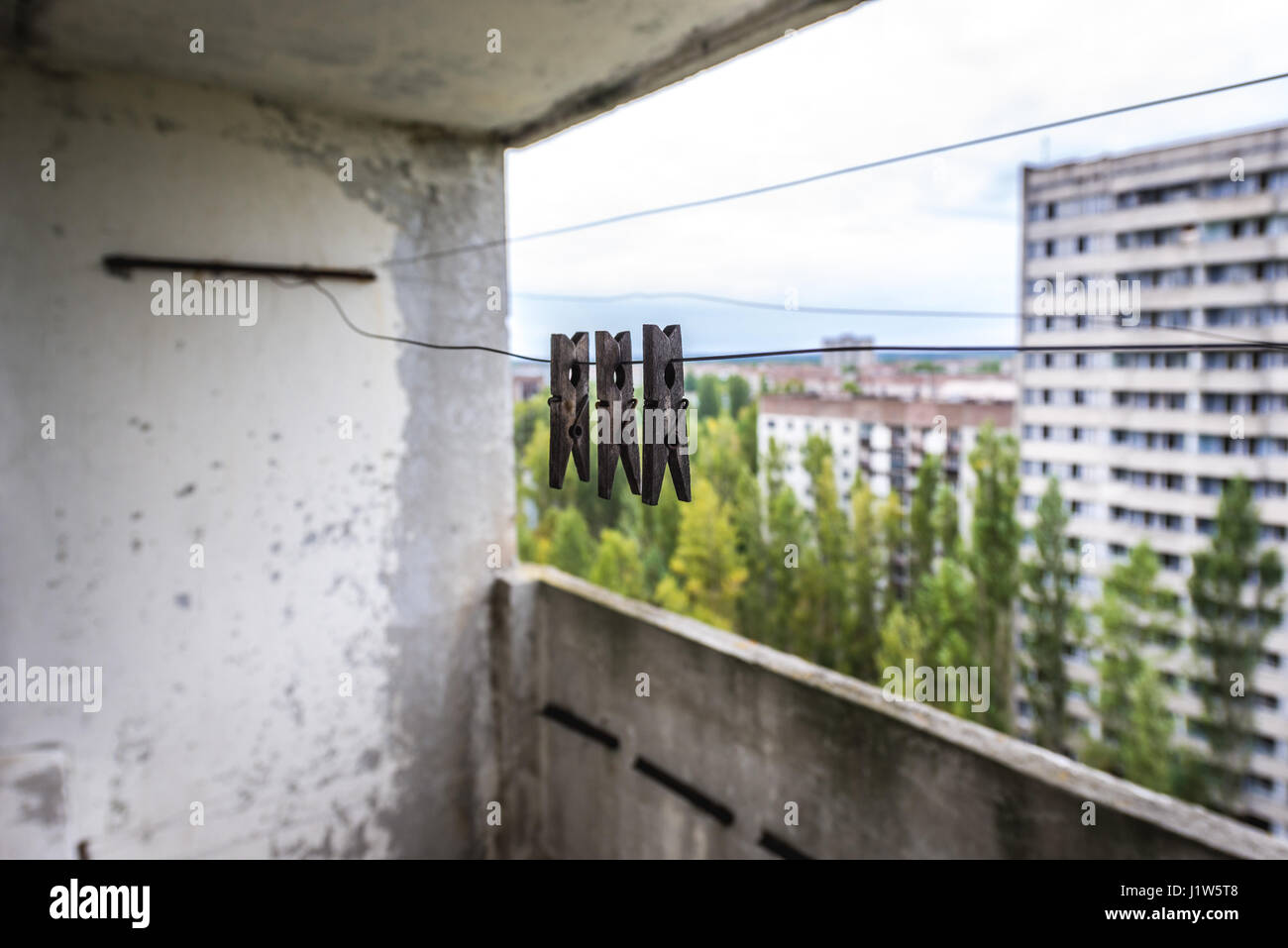 Laundry pins on a balcony of 16-stored block of flats in Pripyat ghost ...