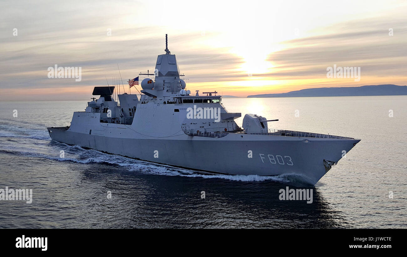 The Royal Netherlands Navy De Zeven Provincien-class frigate HNLMS Tromp steams underway during ...