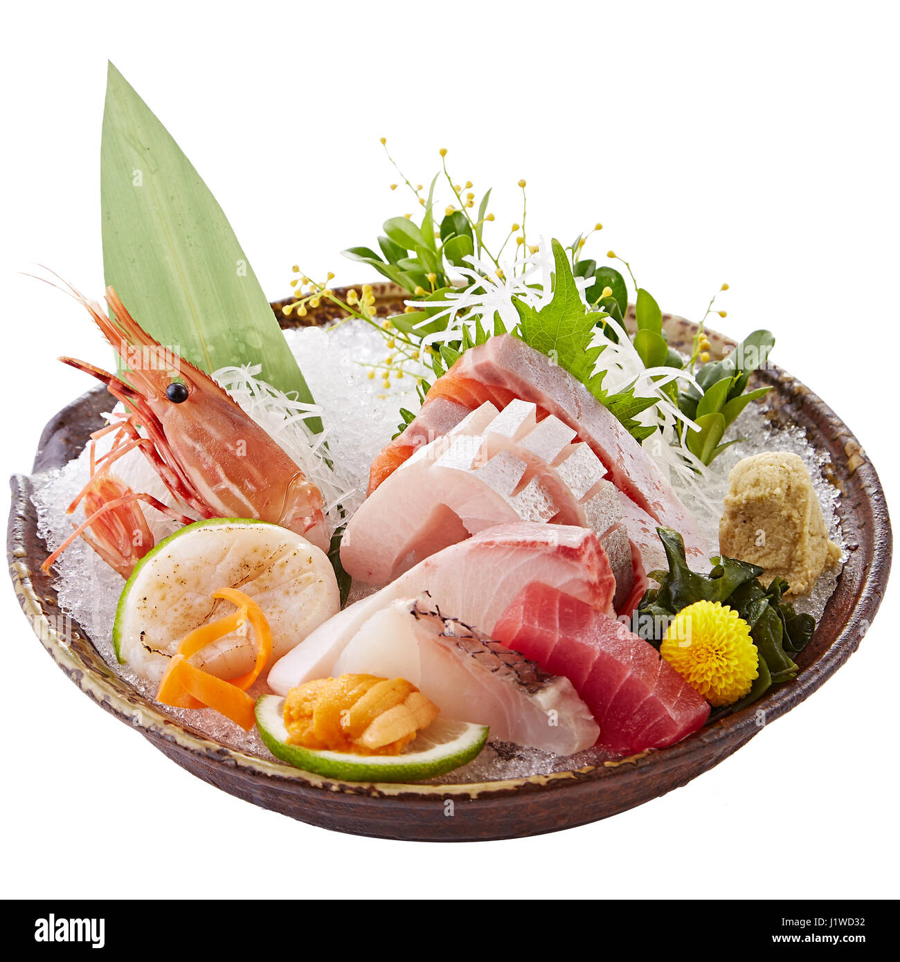 Bowl of fresh sushi with tuna, abalone, shrimp and herbs Stock Photo ...